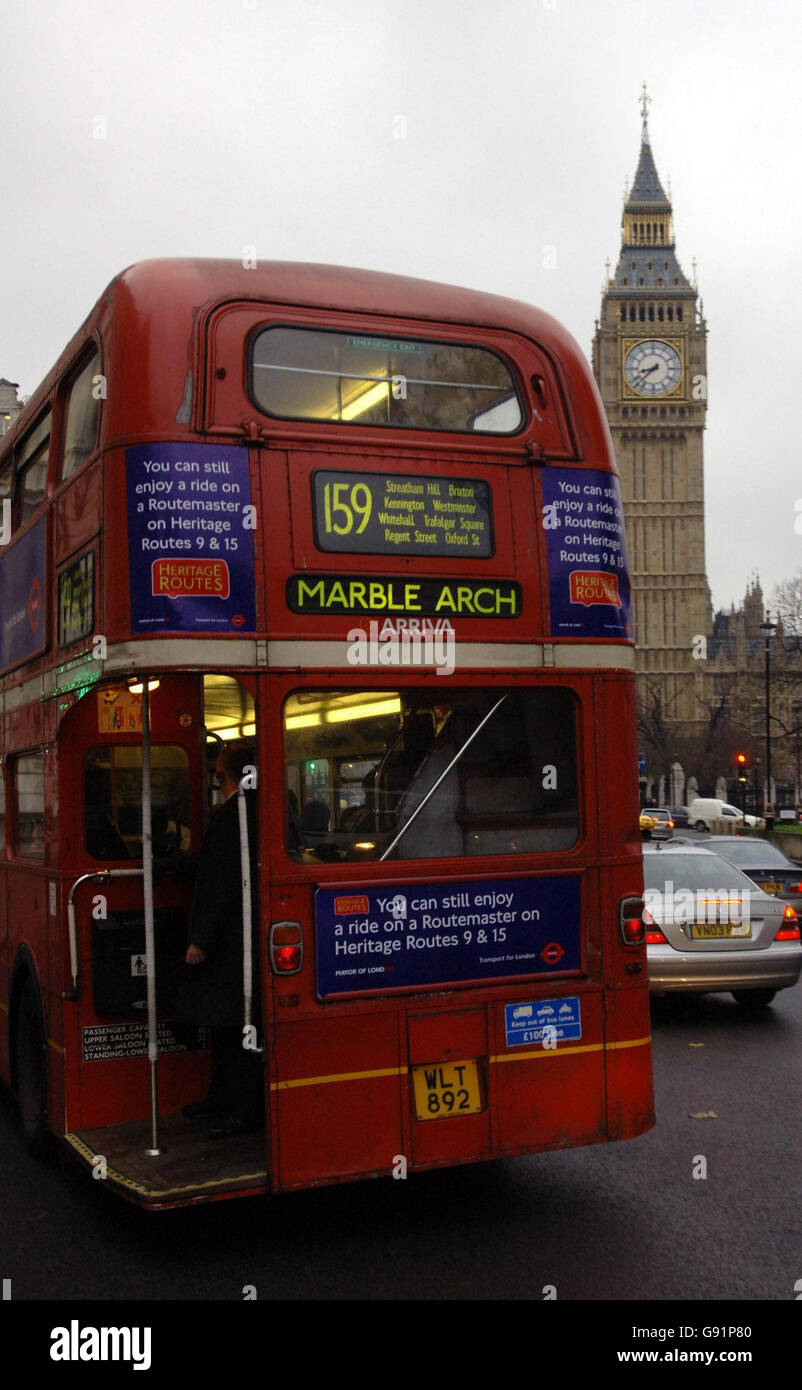 A number 159 Routemaster bus makes its way up London's Whitehall to ...