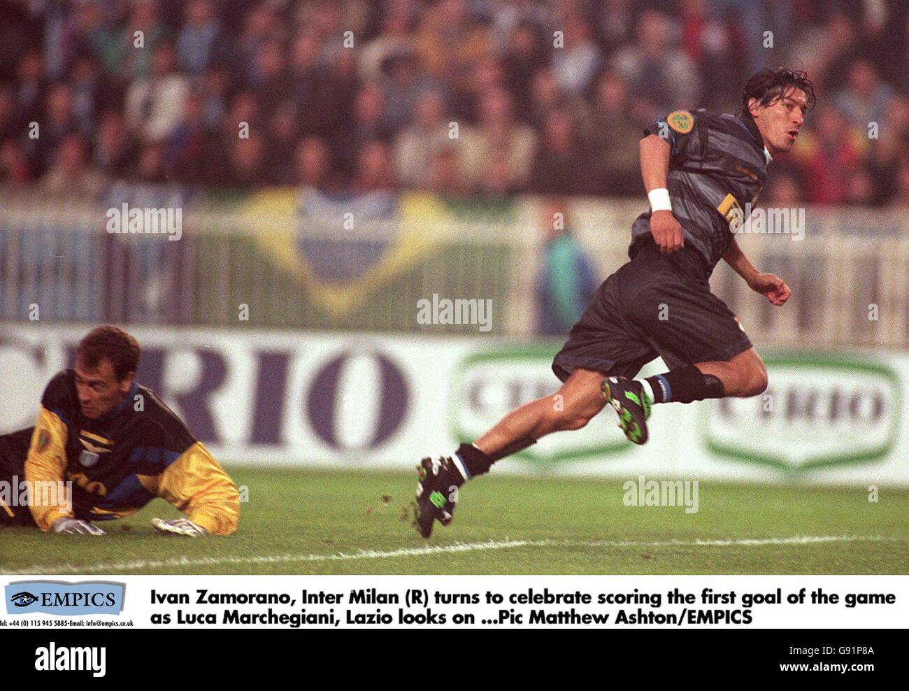 Ivan Zamorano, Inter Milan (R) turns to celebrate scoring the first ...