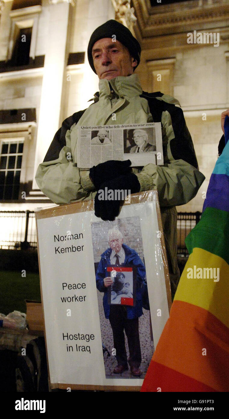 A man stands in silent vigil for Norman Kember in Trafalgar Square ...