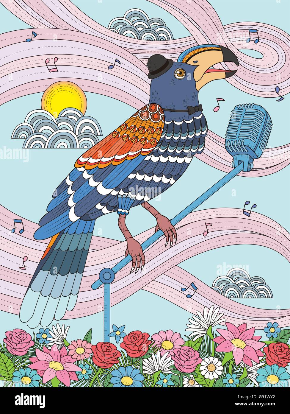 adult coloring page - toucan stand on the microphone and sing Stock ...