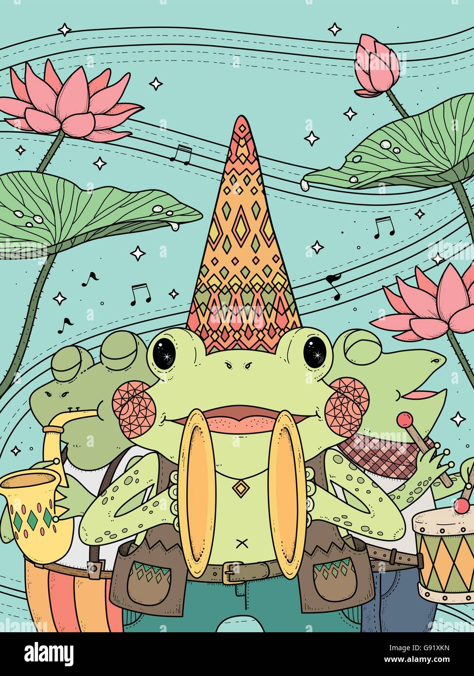 adult coloring page - frogs music band with lotus Stock Vector Image ...