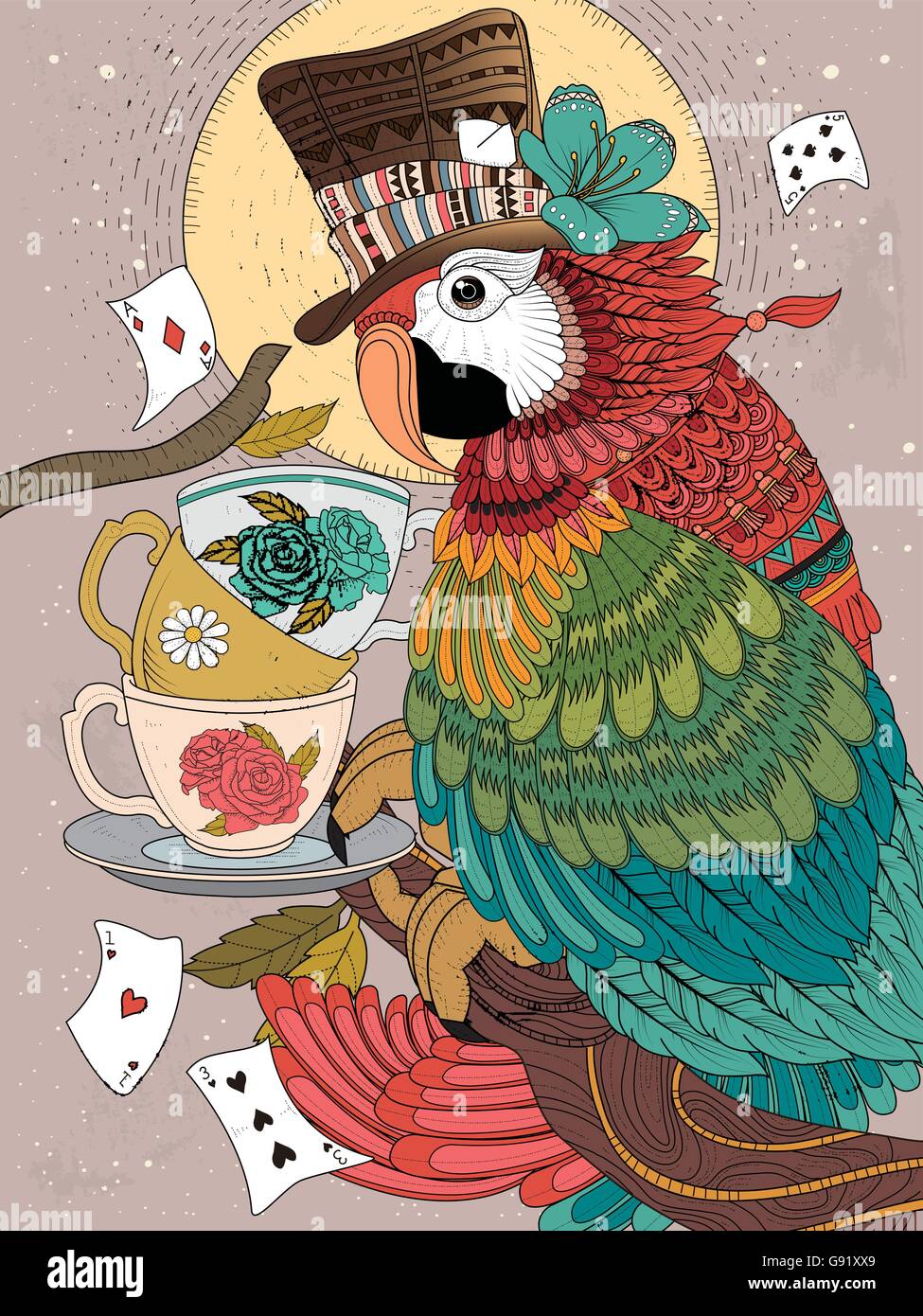 adult coloring page - lovely magician parrot with tea cups Stock Vector ...