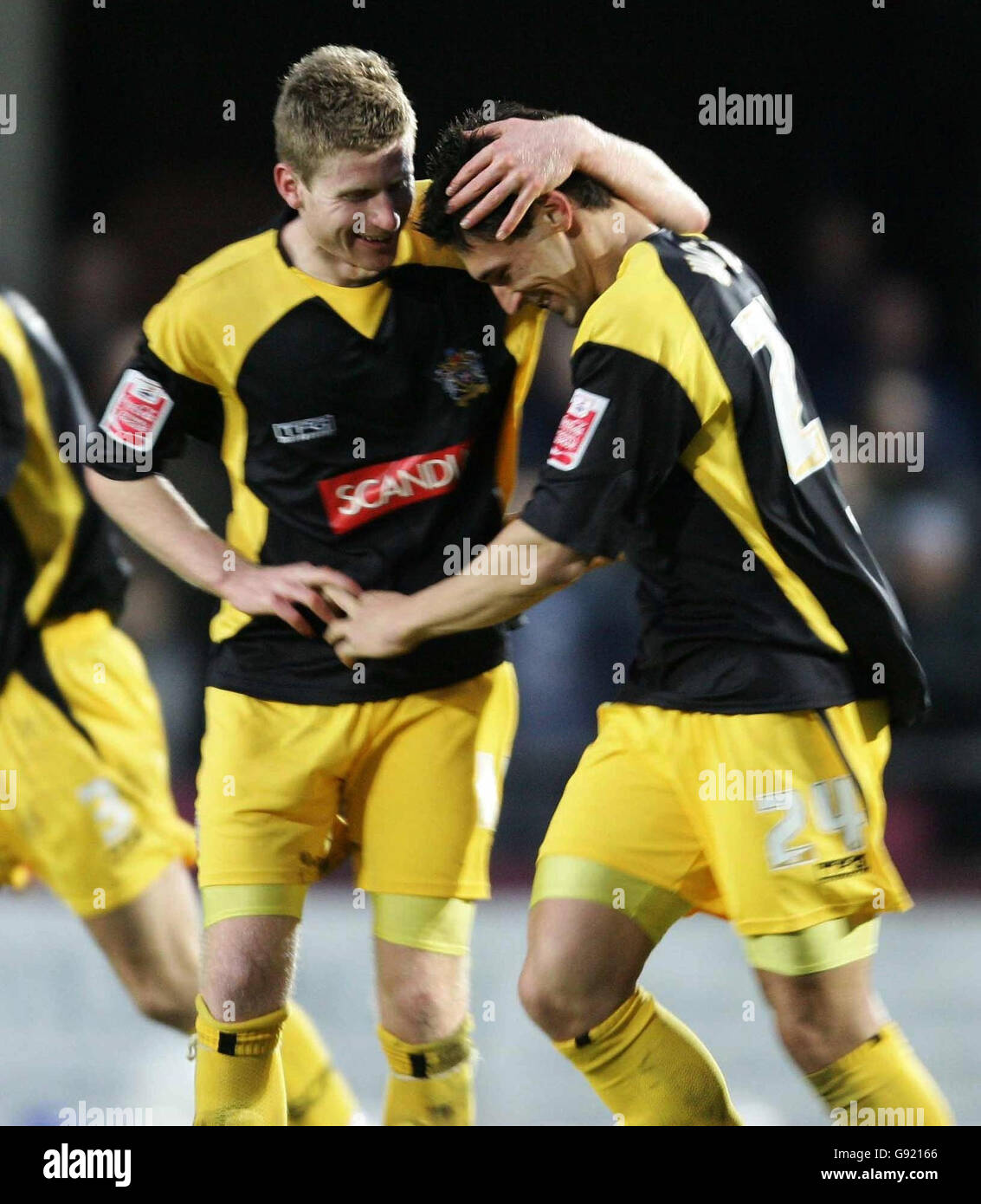 Stockport's Michael Wolski (R) celebrates scoring with Rob Clare during ...