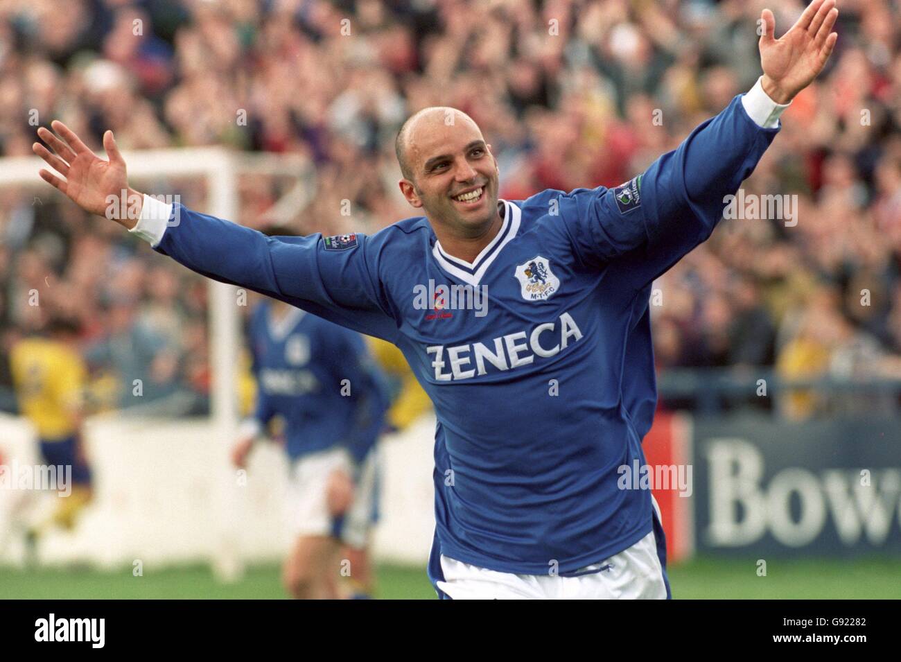 Macclesfield Town's Phil Power celebrates his promotion winning goal ...