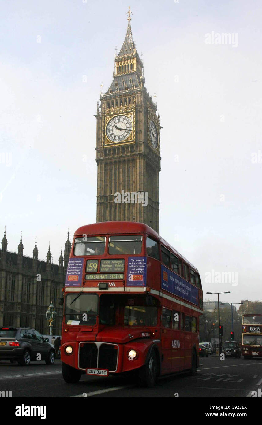A number 159 Routemaster bus makes its way over Westminster Bridge ...