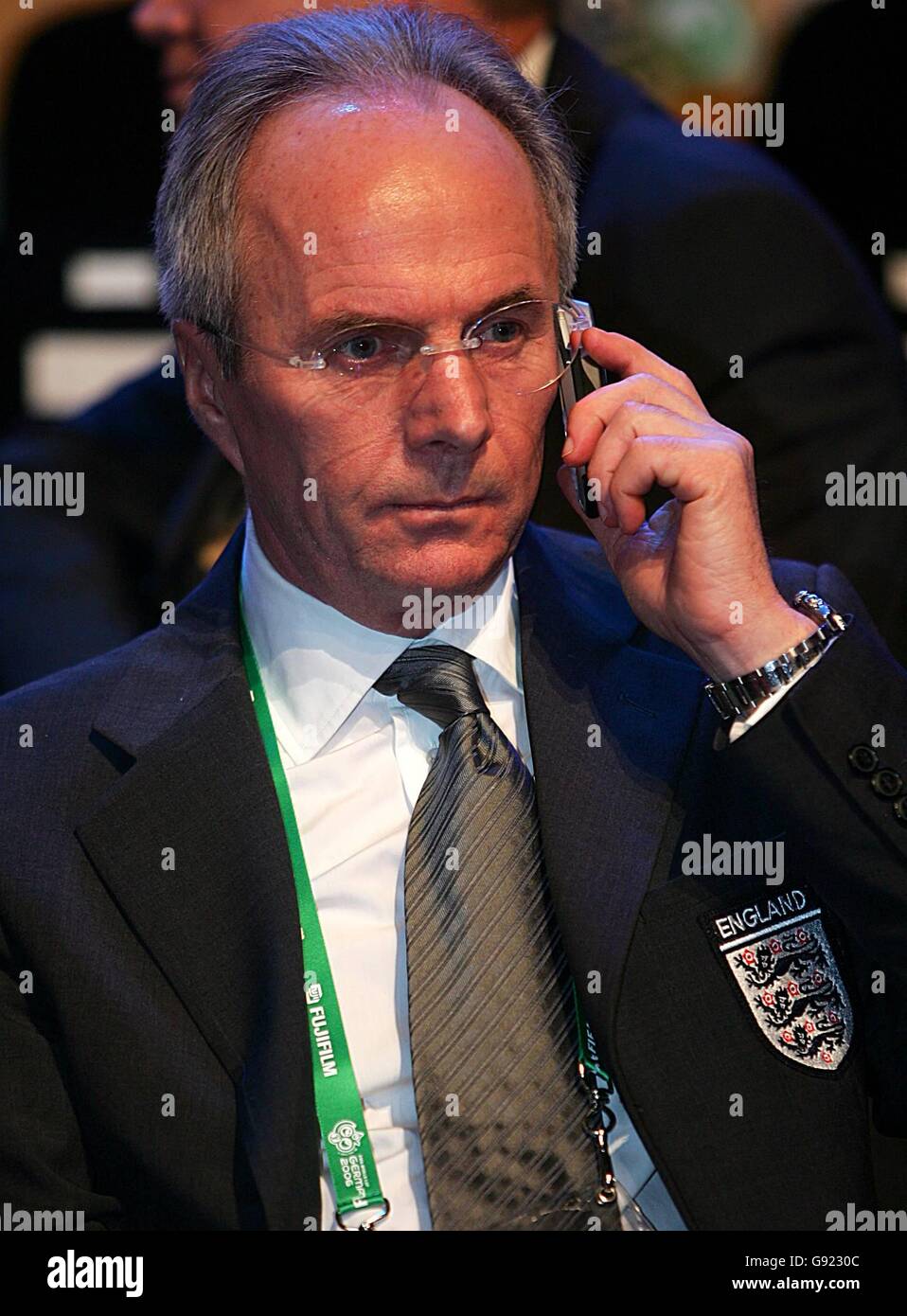 England coach Sven Goran Eriksson talks on his mobile phone before the ...