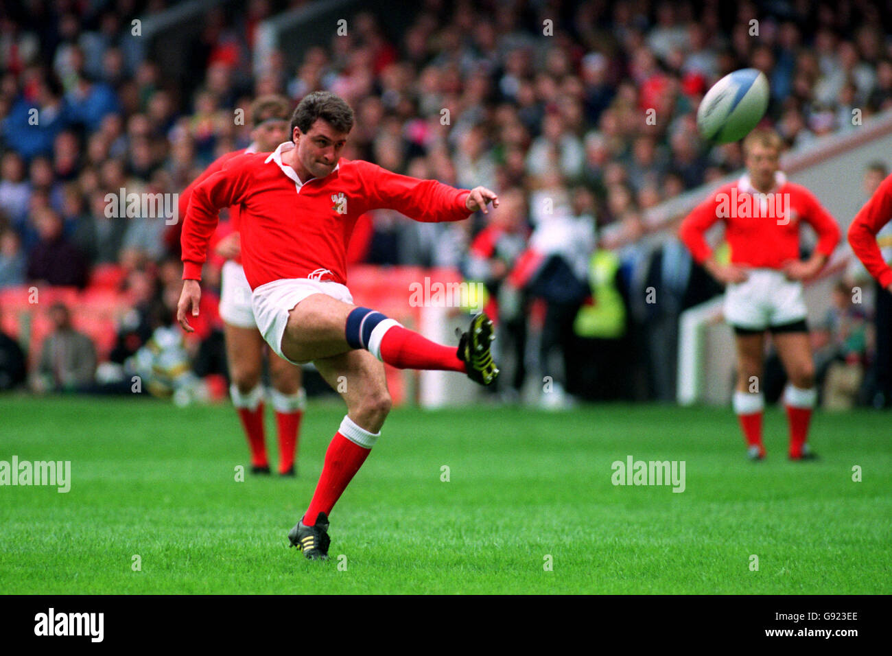 Rugby World Cup -Wales v Western Samoa. Mark Ring (Wales) kicks Stock ...
