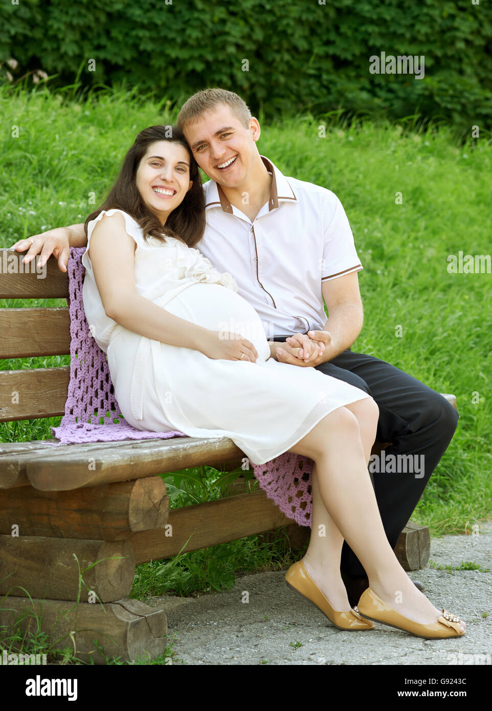 pregnant woman and husband on outdoor, happy family, couple in city ...
