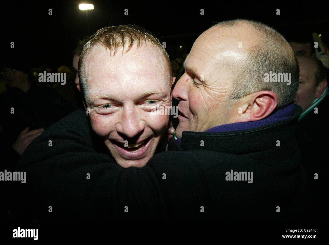 Northwich victorias manager steve burr hugs goalscorer stuart elliott ...
