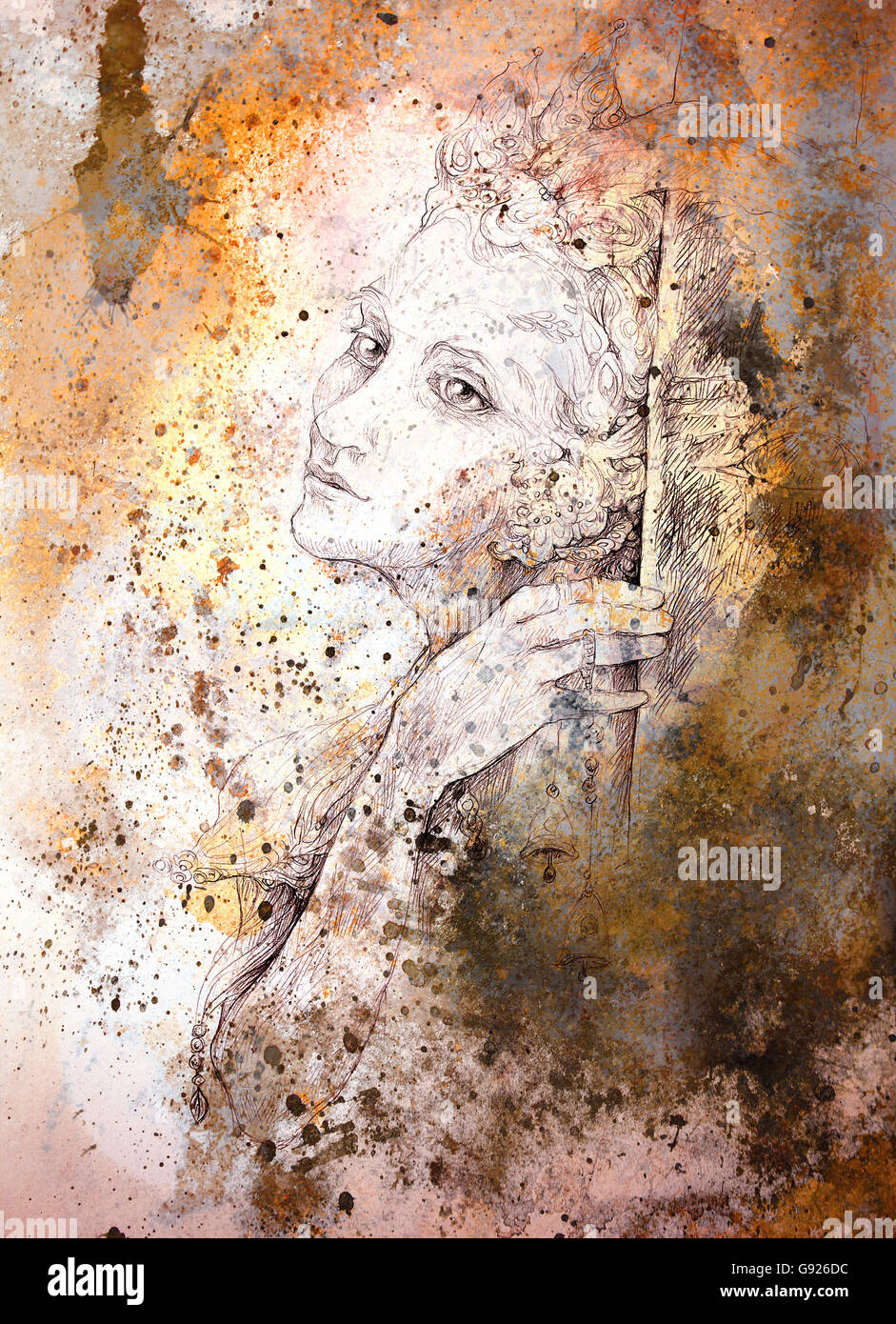 gentle elven drawing on abstract spotted background Stock Photo - Alamy