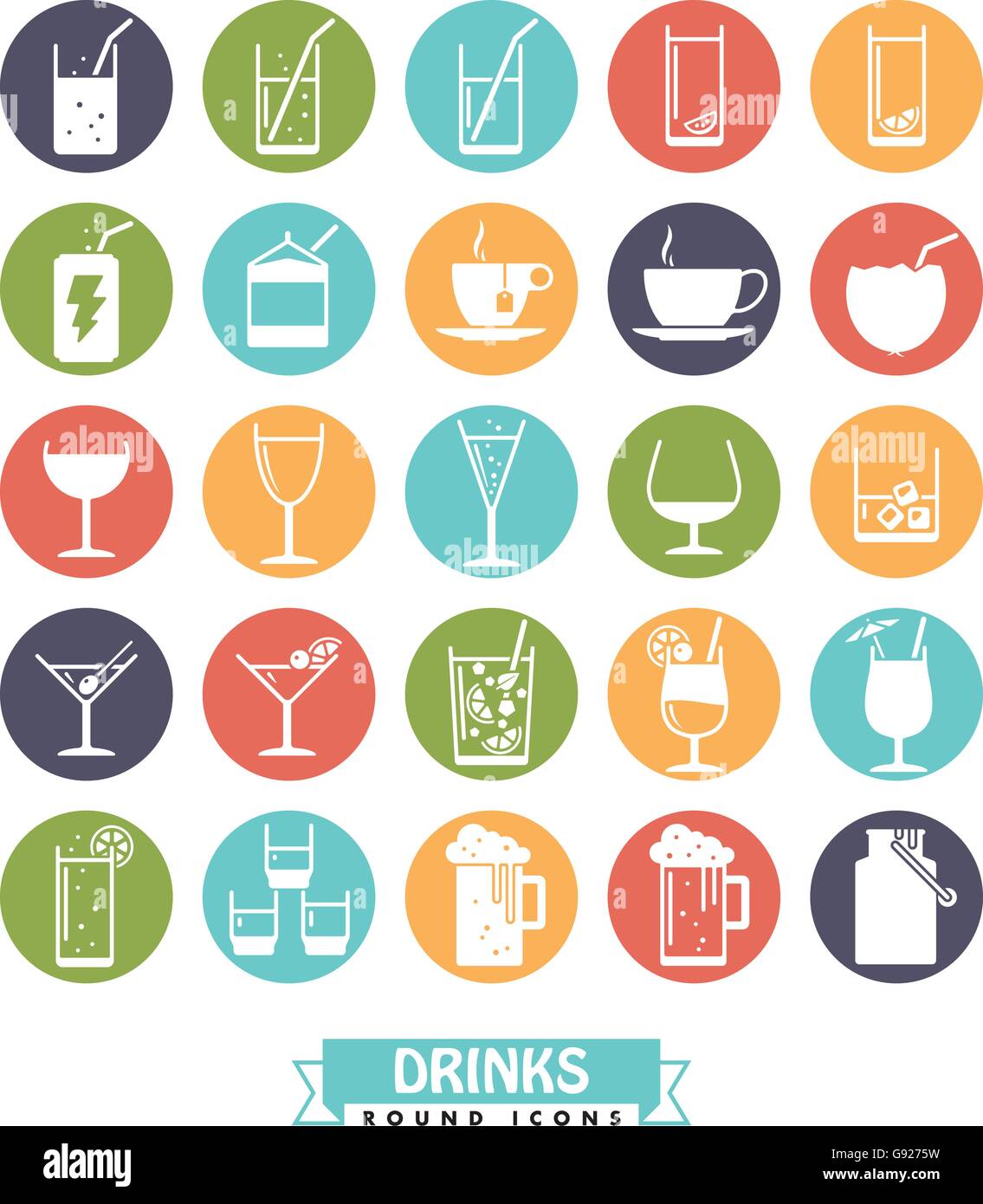 Collection of drink and beverage icons, negative in colored circles ...