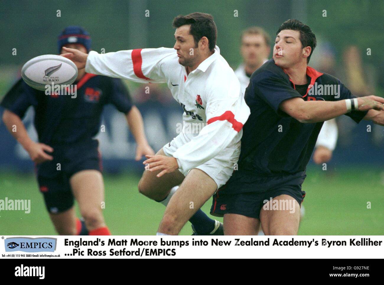 Englands matt moore bumps into new zealand academys byron kelliher hi ...