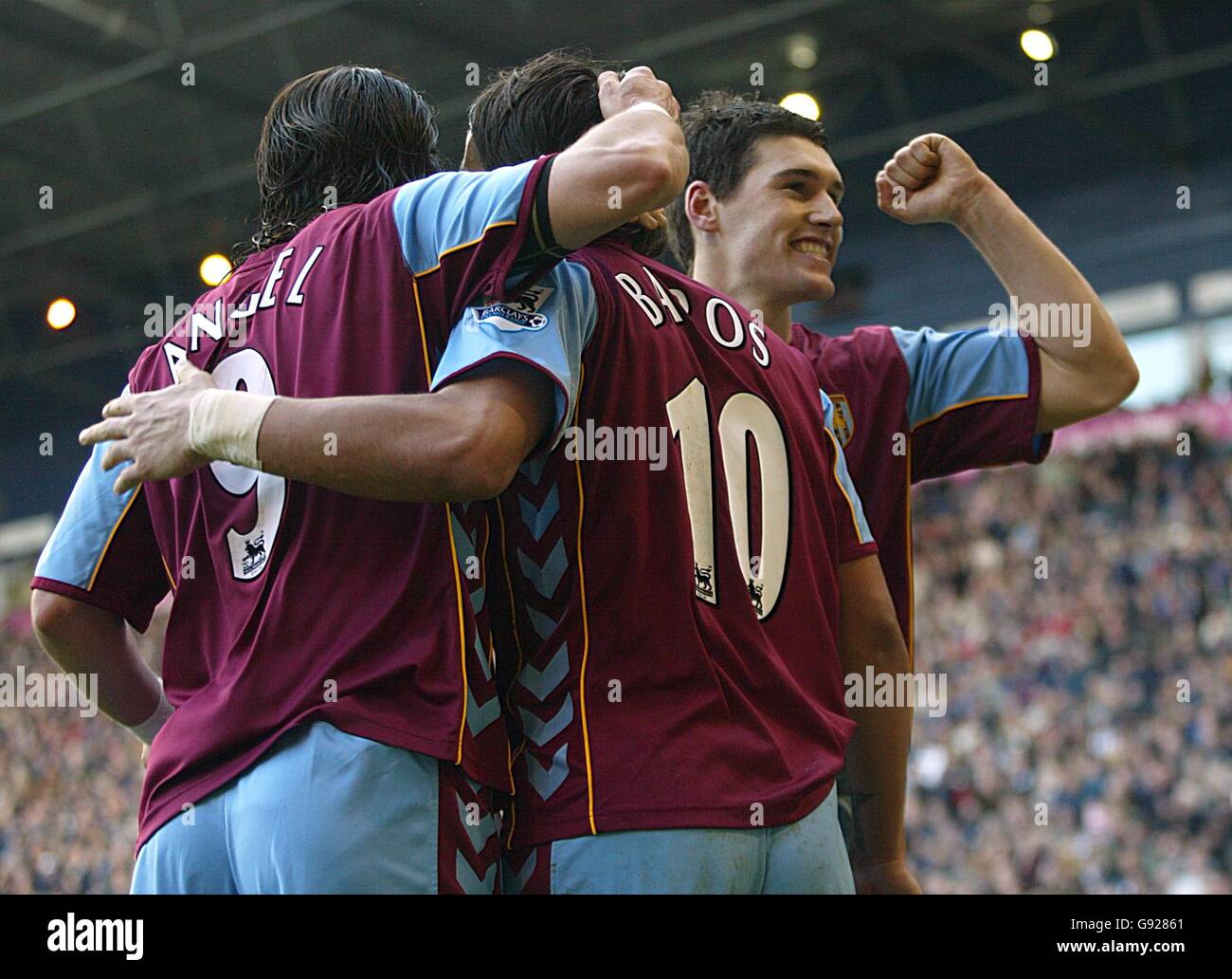 Aston Villa's Milan Baros (10) celebrates with Juan Pablo Angel and ...