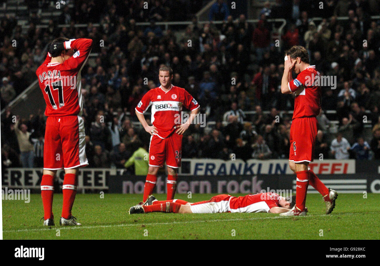 l-r Middlesbrough's Doriva, Matthew Bates, Chris Riggott (on floor) and ...