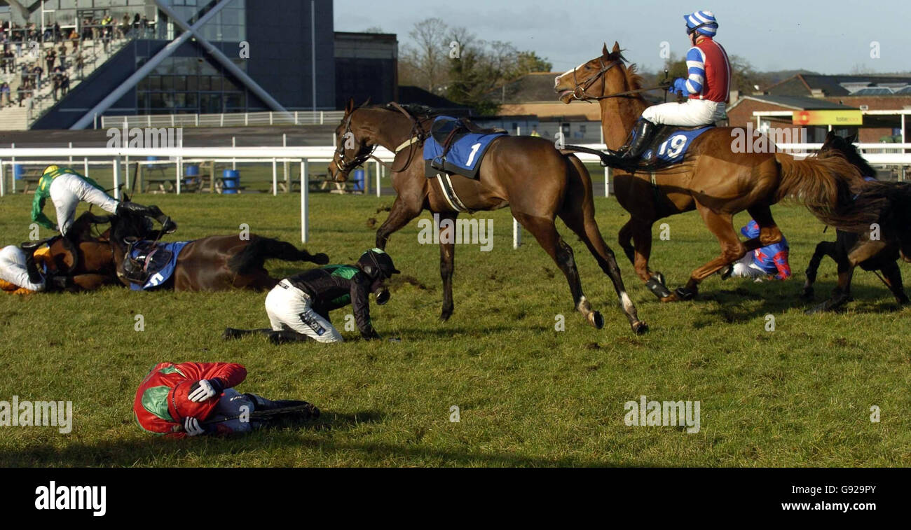 Five jockeys fall at the first hurdle during the Berkshire Stand ...