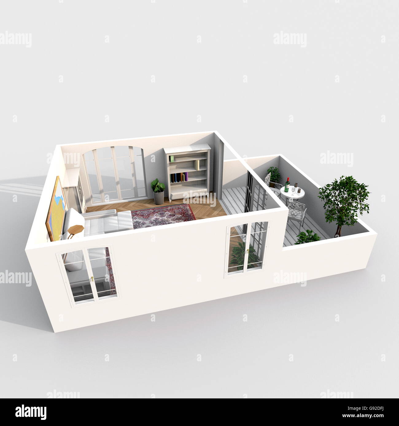 3d interior rendering perspective view of furnished living room with ...