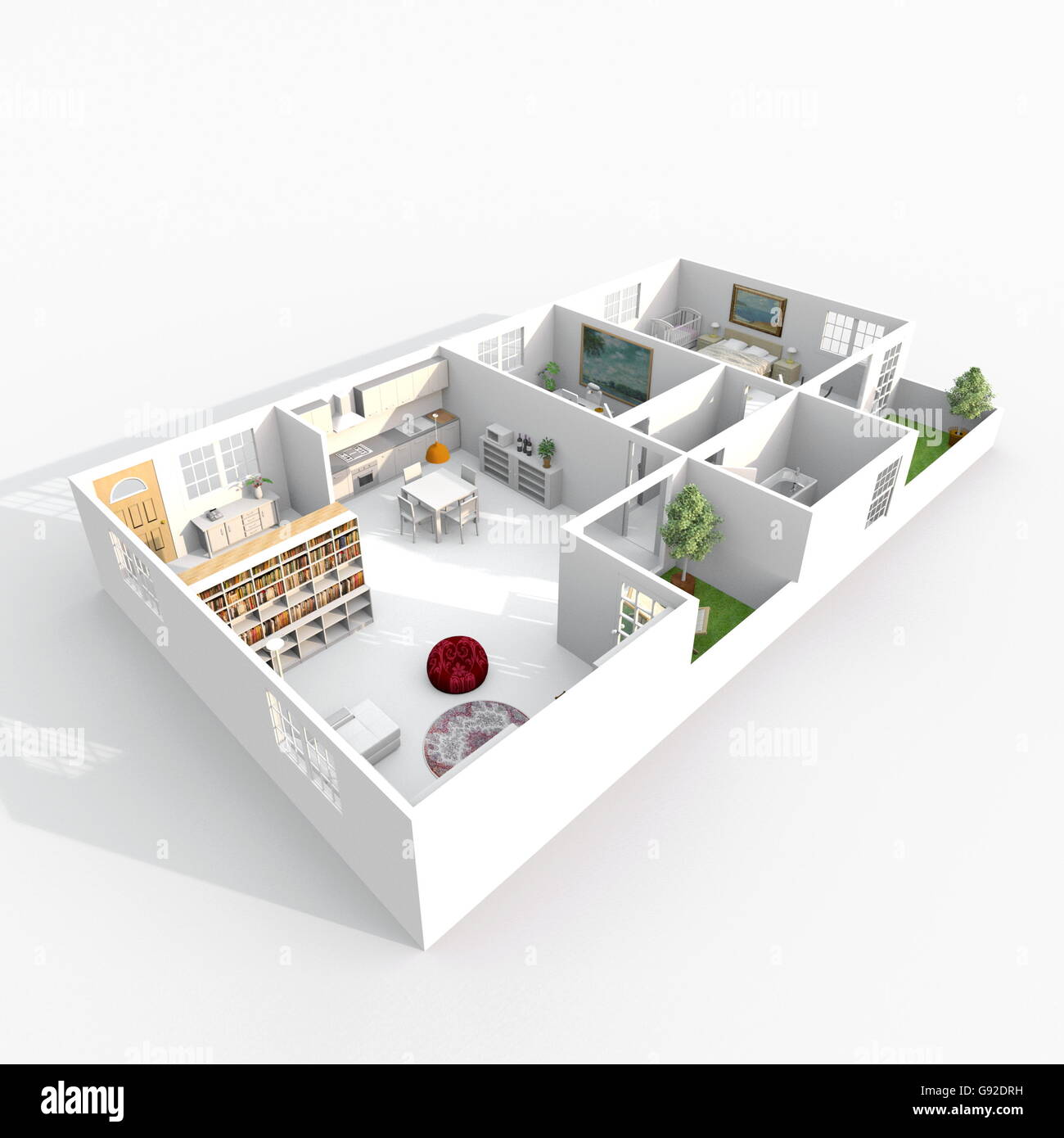 3d interior rendering perspective view of rectangular furnished home ...