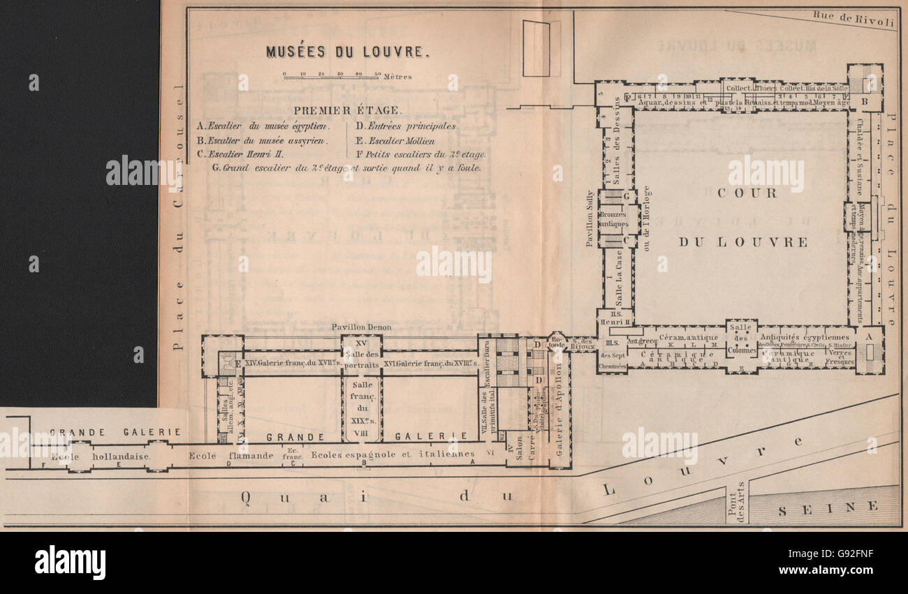 MUSÉES DU LOUVRE; PREMIER ÉTAGE First floor plan. Paris carte, 1898 old ...