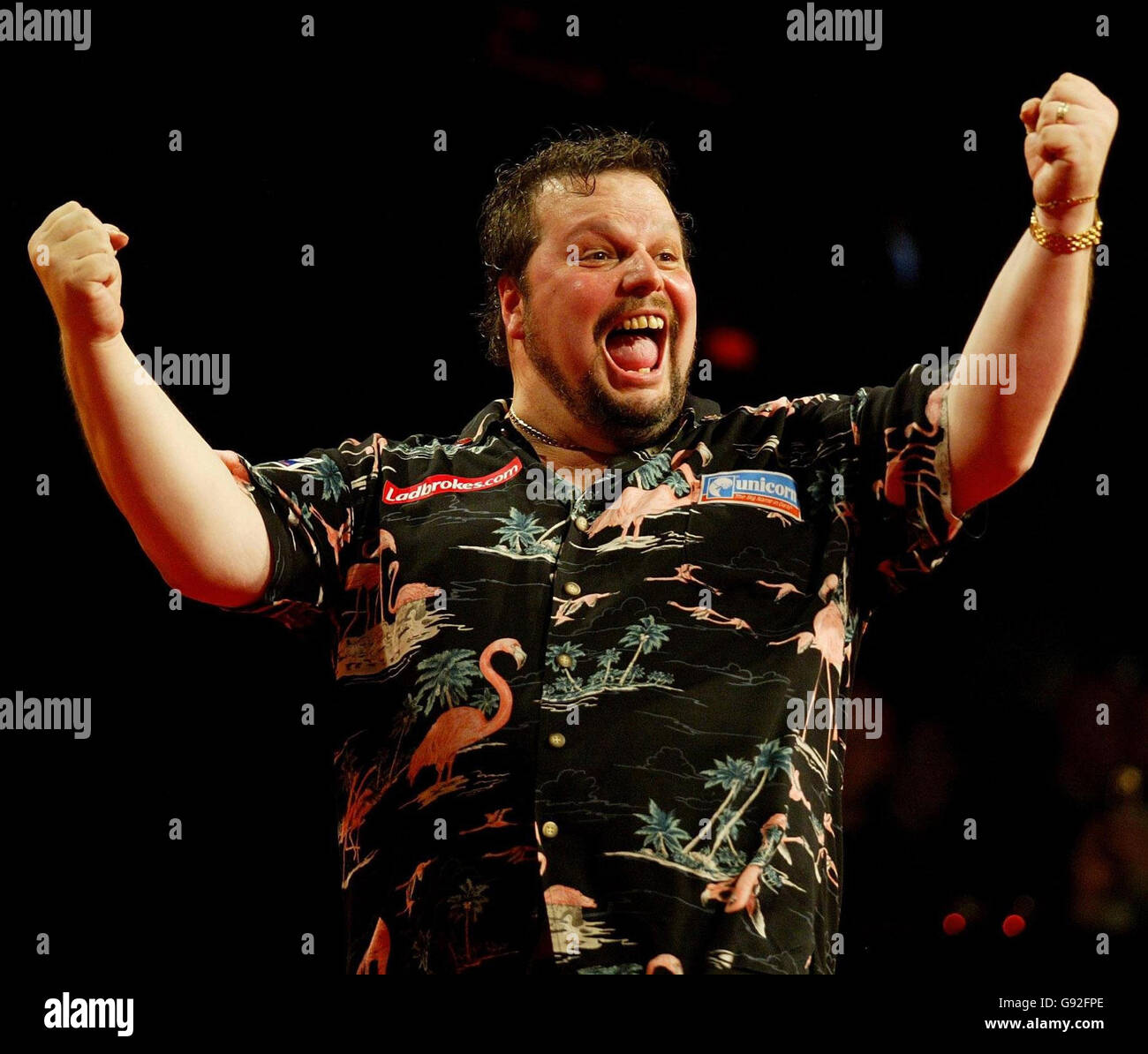 Peter Manley celebrates after winning his match against Adrian Lewis ...