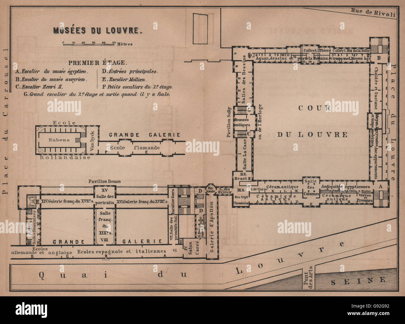 MUSÉES DU LOUVRE; PREMIER ÉTAGE First floor plan. Paris carte, 1900 old ...