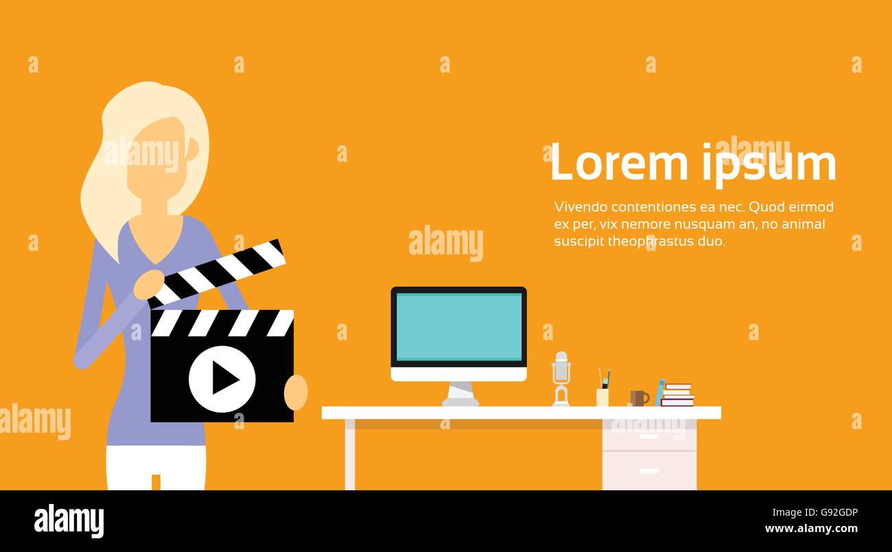 Woman Hold Flapper Desktop Workplace Background Video Blogging Concept ...