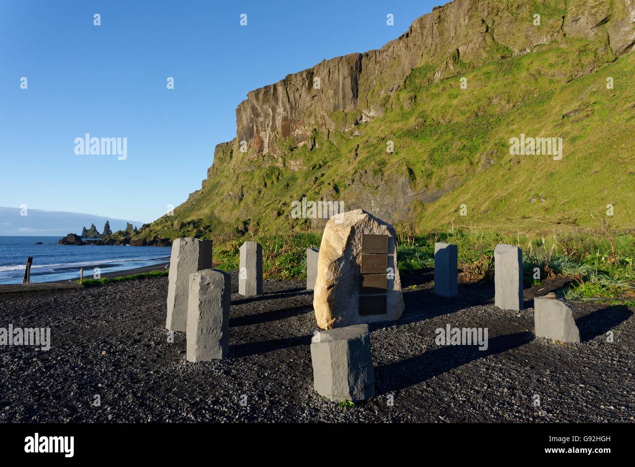 memorial stone at Vik i Myrdal, north atlantic ocean, southern iceland ...