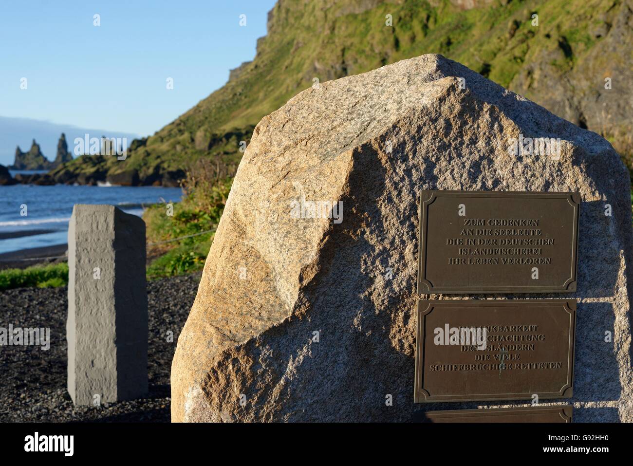 memorial stone at Vik i Myrdal, north atlantic ocean, southern iceland ...