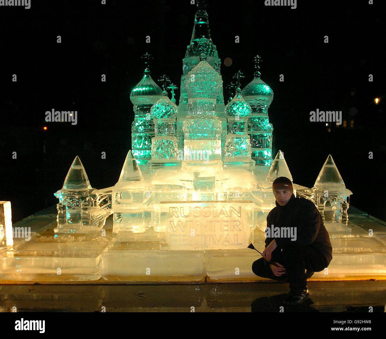 Sculptor Andrey Molokov sits in front of an ice sculpture of Moscow's ...