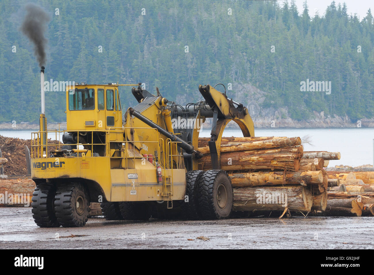 Lumber mill log storage with logging equipment hi-res stock photography ...