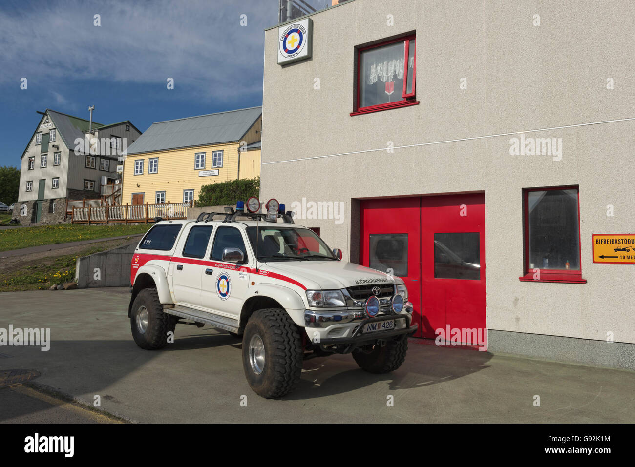firefighting and rescue station with rescue vehicle, Husavik, Iceland ...