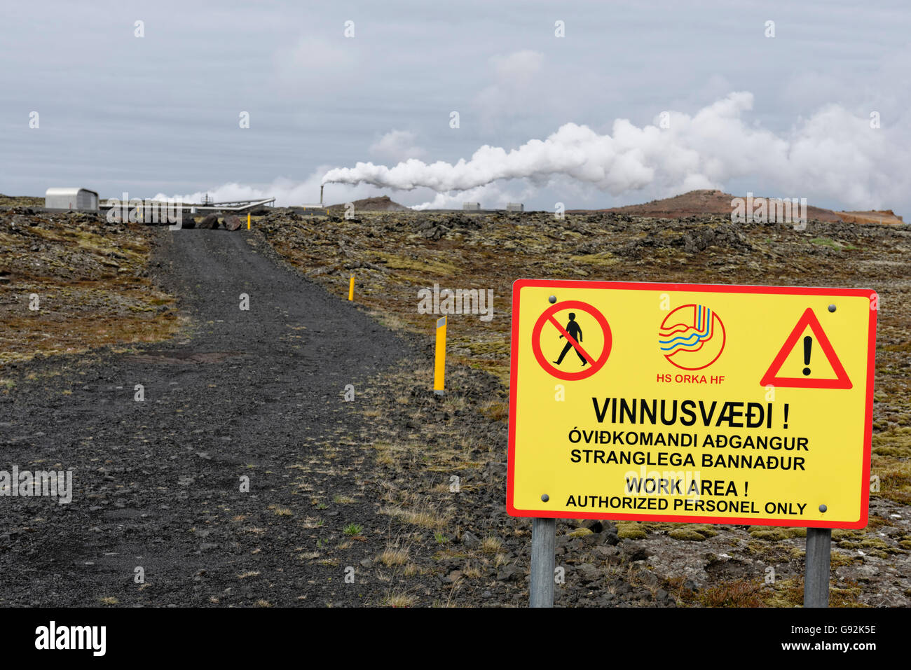 warning sign, salt production plant, geothermal ares Gunnhver ...