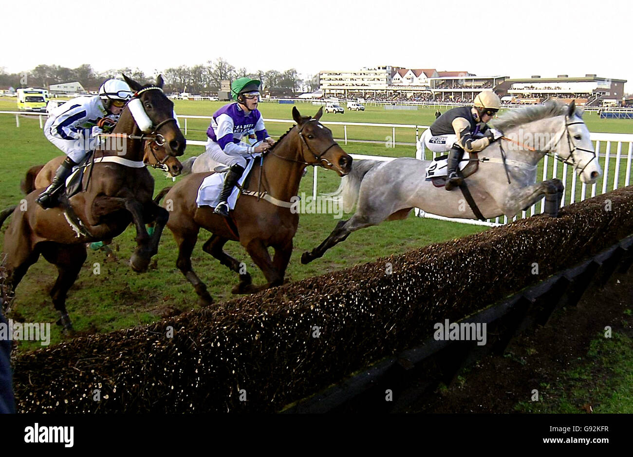 Ebony Light and jockey Stephen Craine (L) put in a great leap to move ...