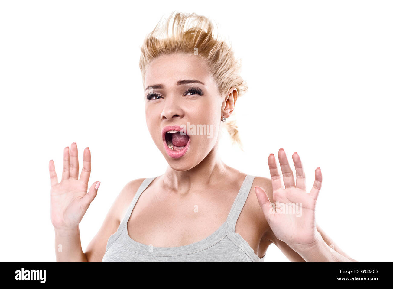 Funny concept for woman with windblown mouth. Woman looking at camera ...
