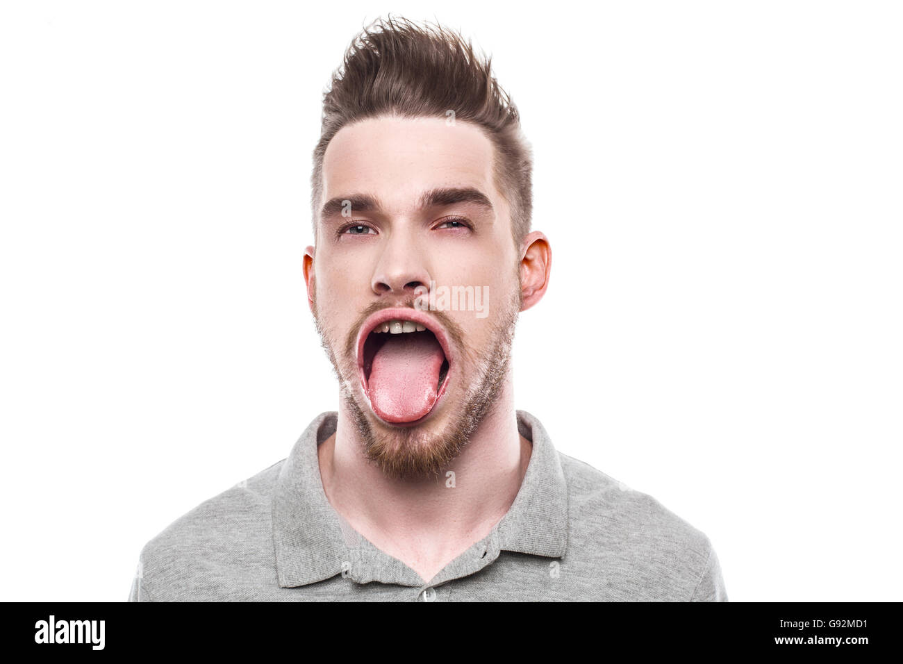 Funny concept for man with windblown mouth. Man looking at camera ...