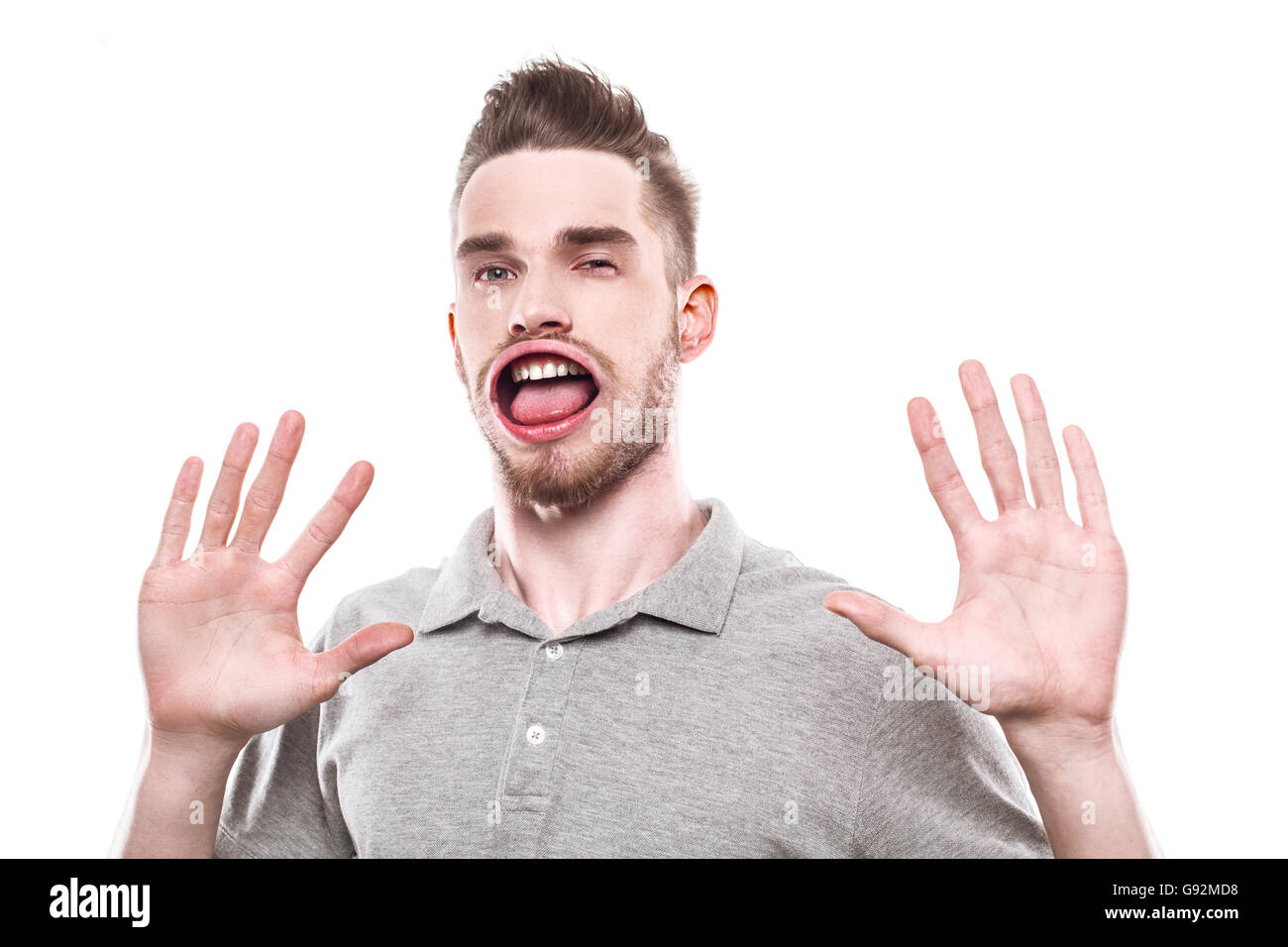 Funny concept for man with windblown mouth. Man looking at camera ...
