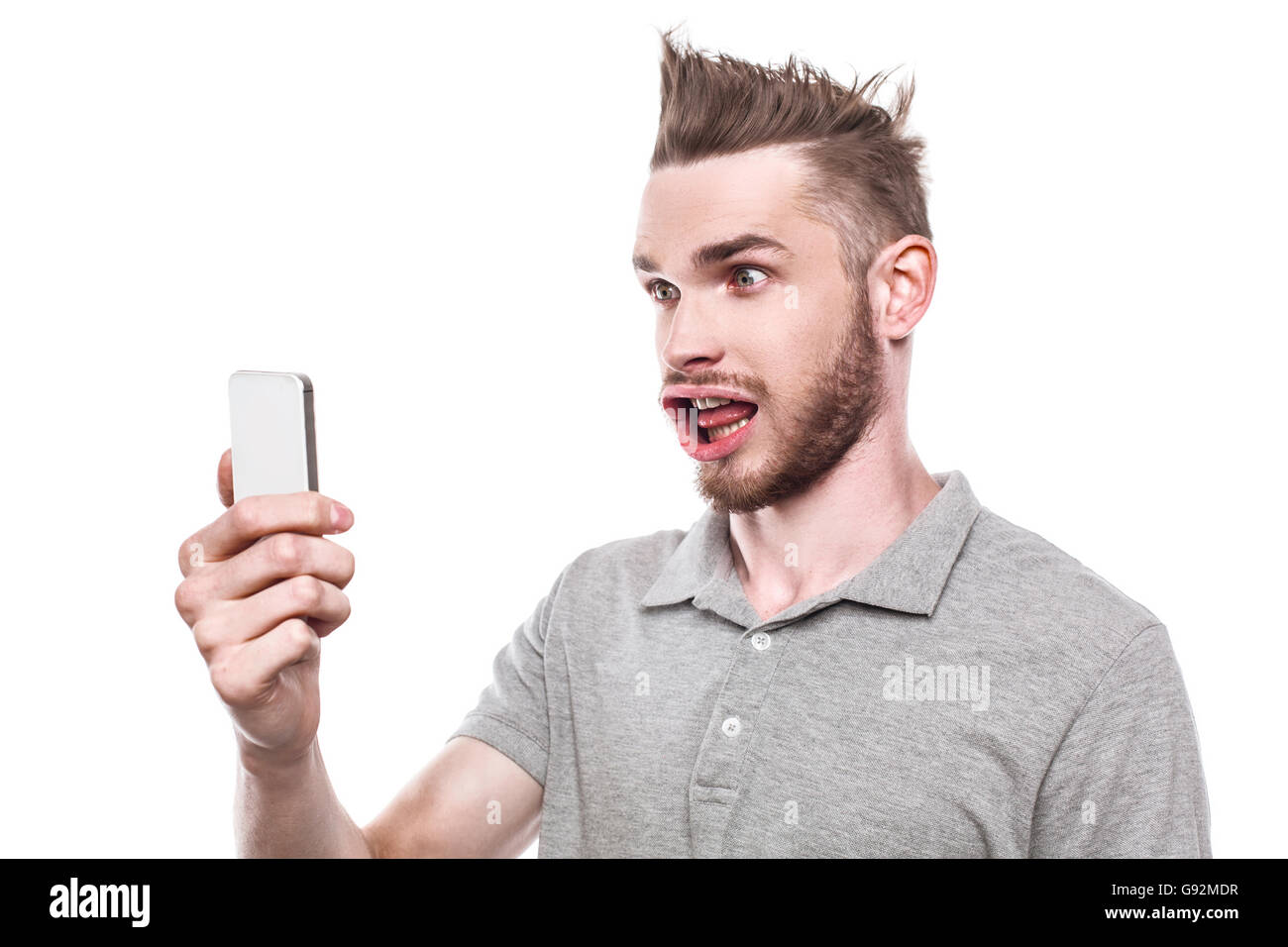 Funny concept for man with windblown mouth. Man using mobile phone ...