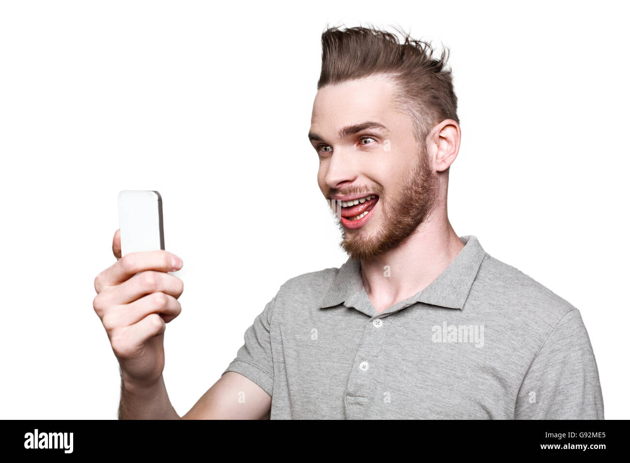 Funny concept for man with windblown mouth. Man using mobile phone ...