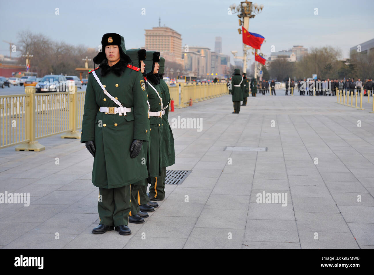 BEIJING, CHINA- December 13, 2010; Military guards stand guard in front ...