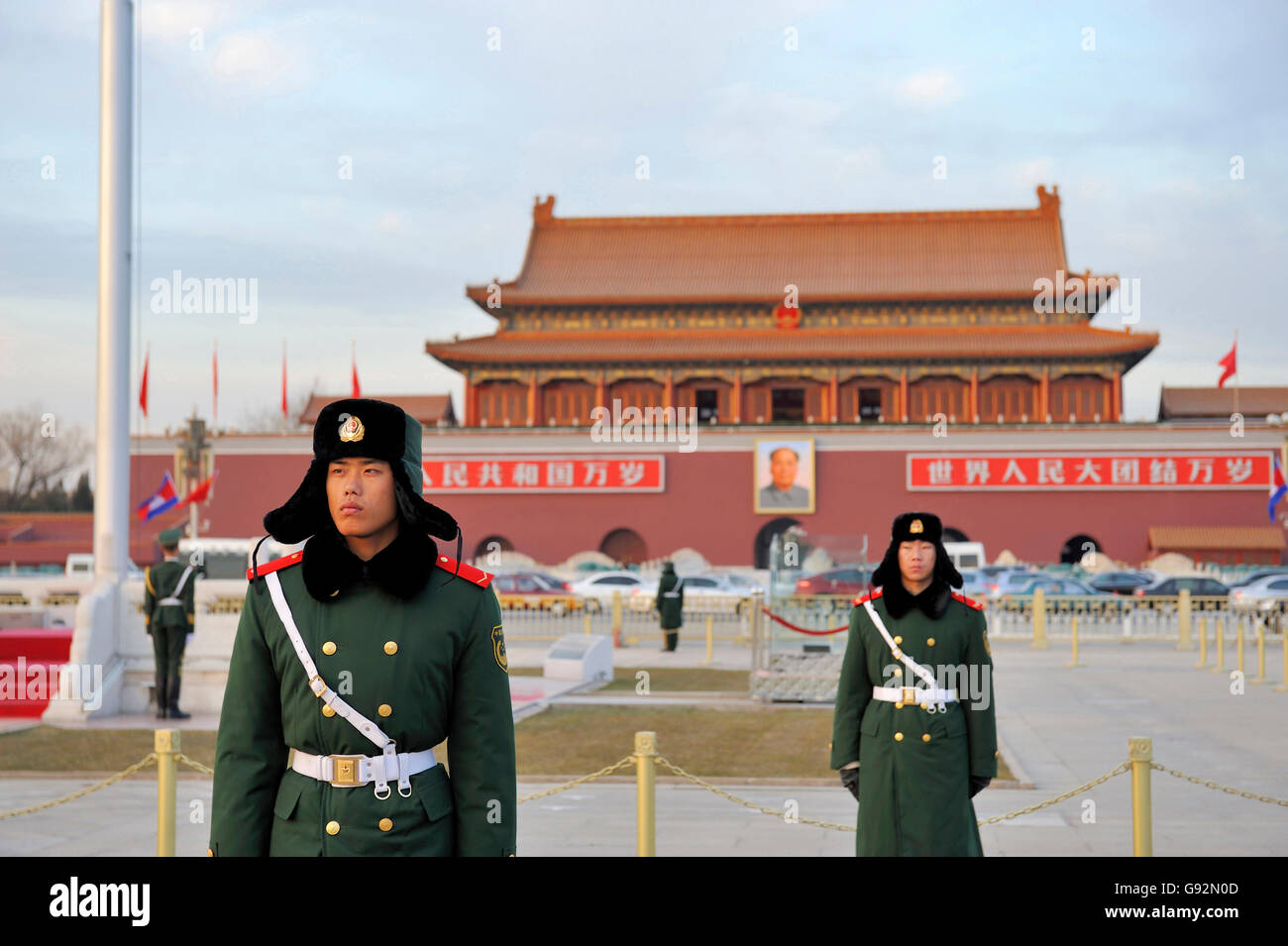 BEIJING,CHINA-DECEMBER 13, 2010; Military guards stand guard in front ...