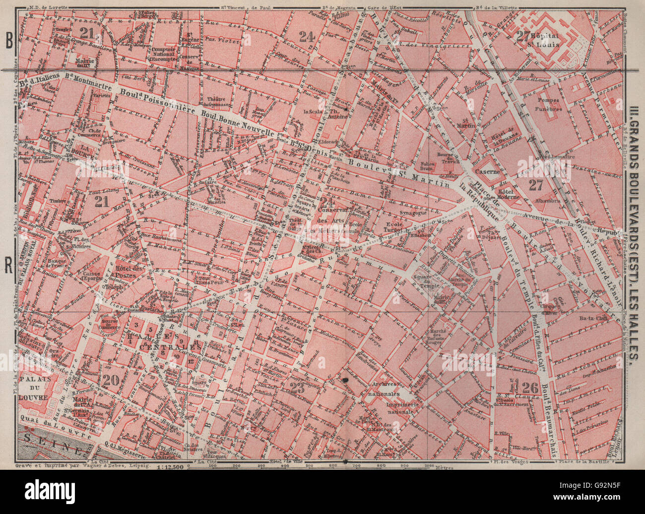 GRANDS BOULEVARDS LES HALLES MARAIS town city plan. Paris 1e 2e 3e 10e ...