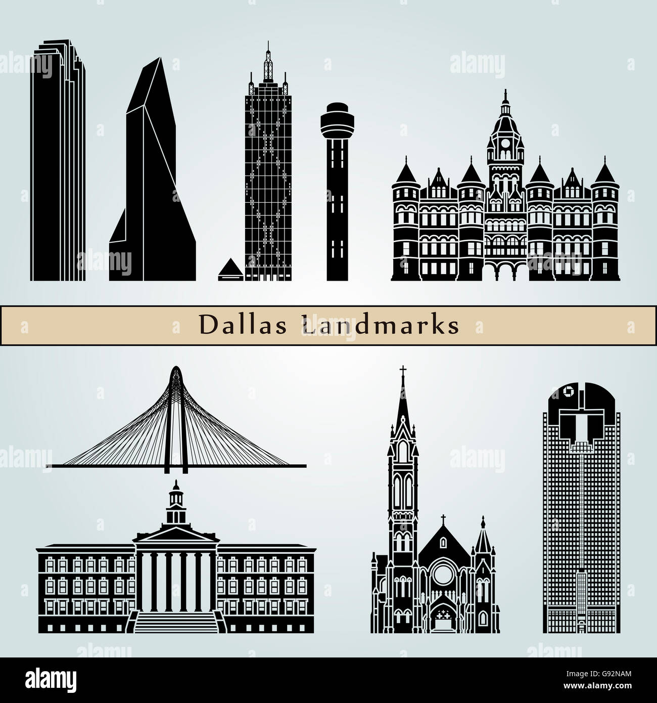 Dallas landmarks and monuments isolated on blue background in editable ...