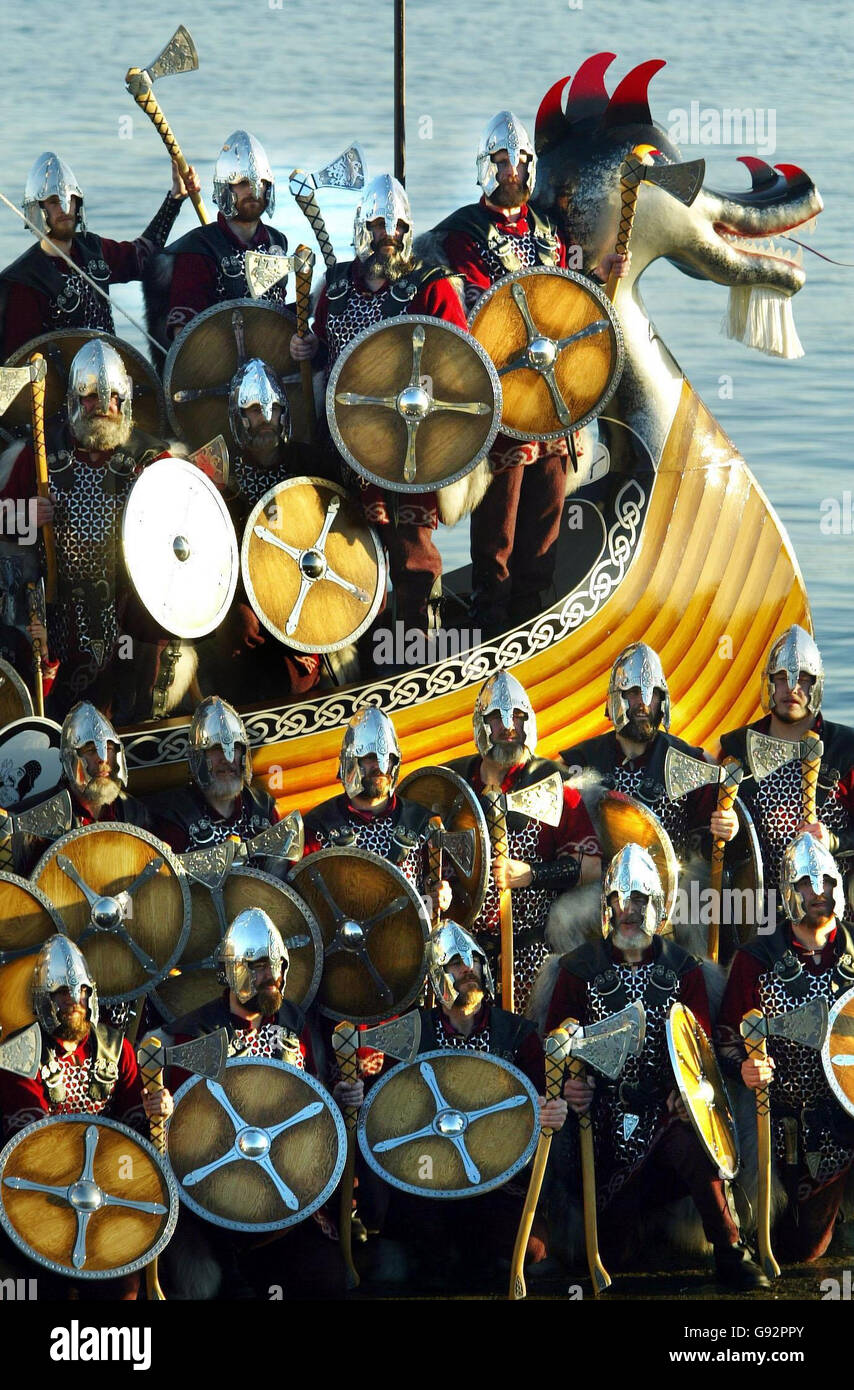 Around 50 men from the Norsemen Jarl Squad arrive at Lerwick harbour on ...