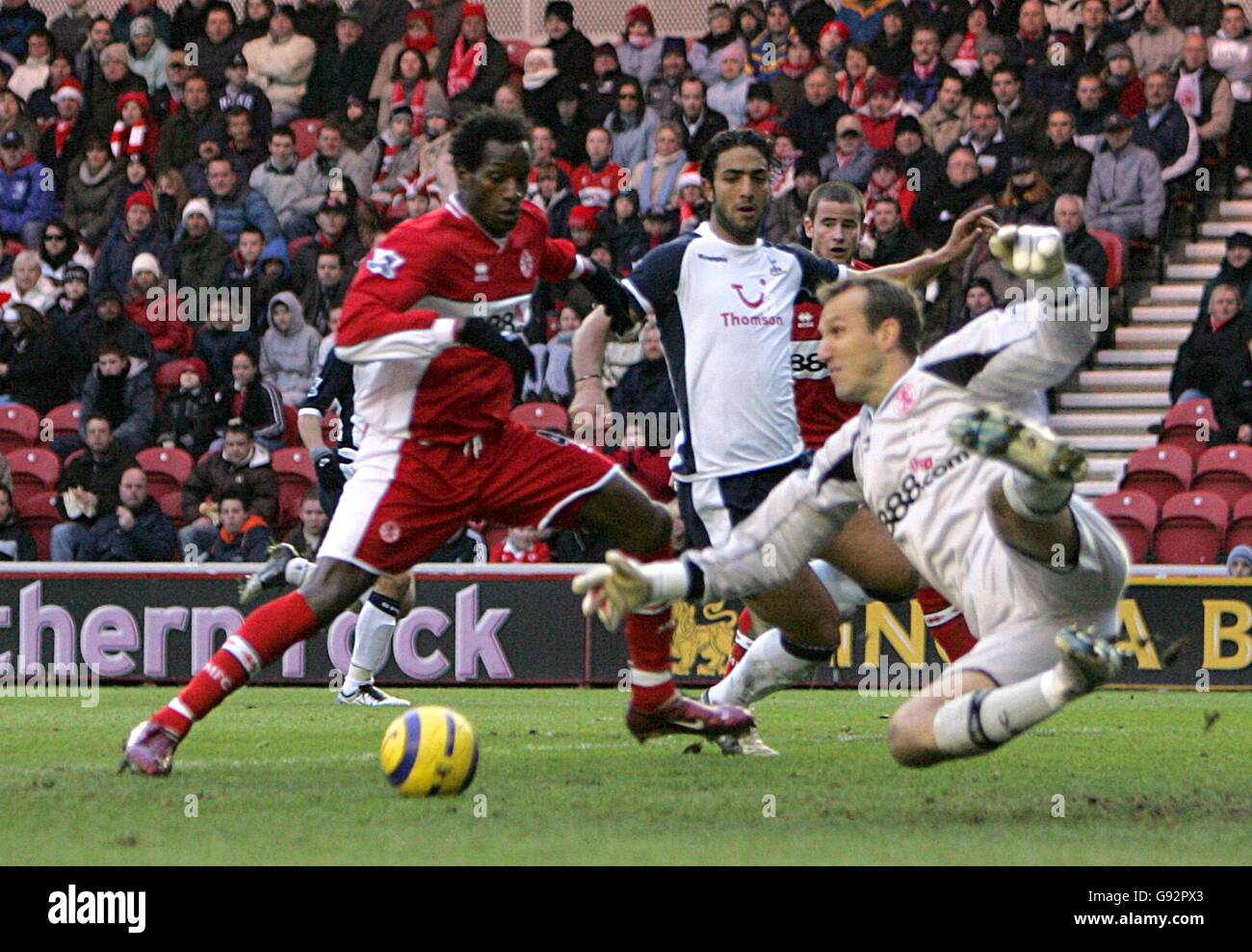Middlesbroughs mark schwarzer tries to cut out a cross hi-res stock ...