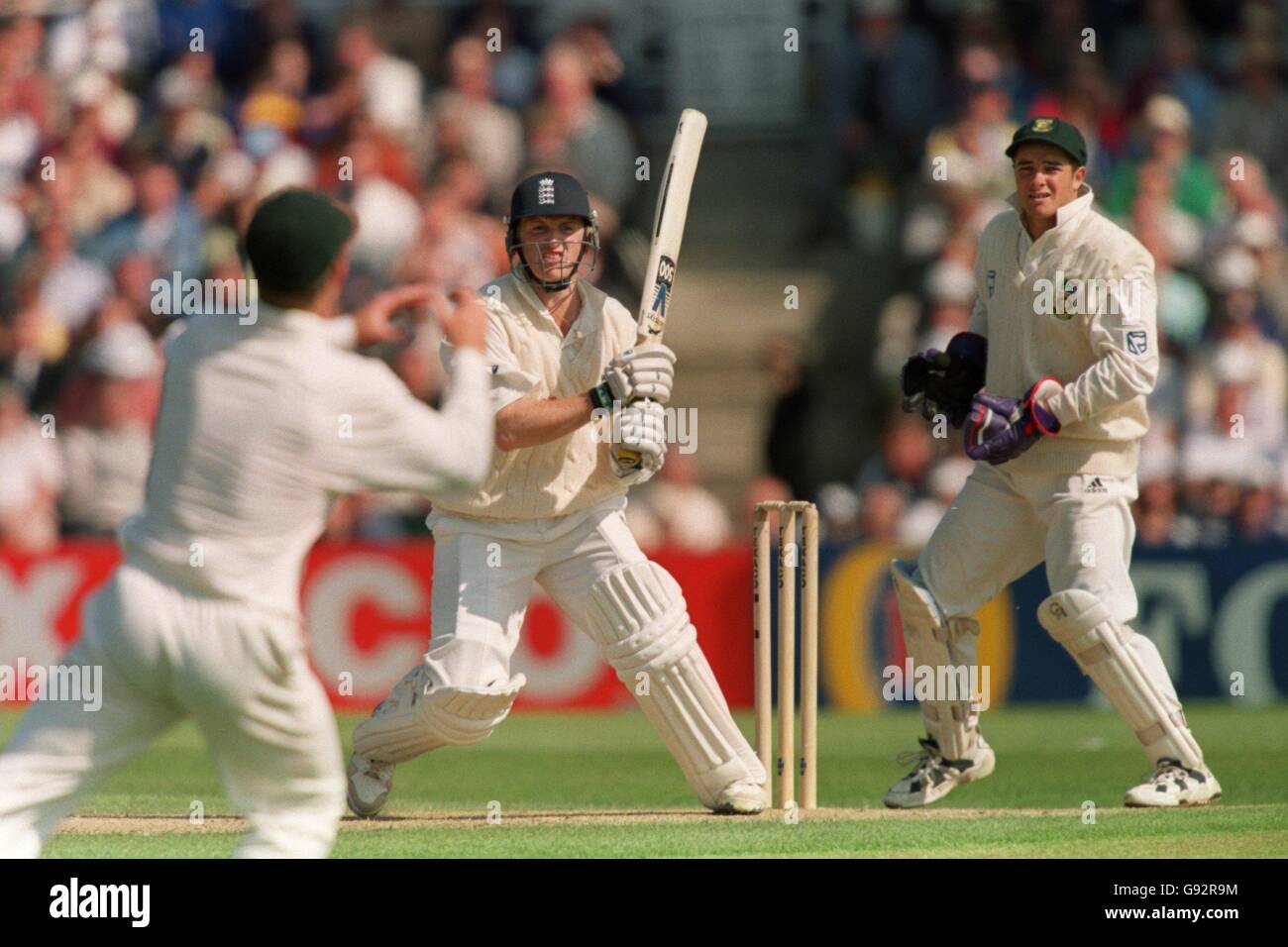 England's Alistair Brown hits out off South Africa's Pat Symcox's ...