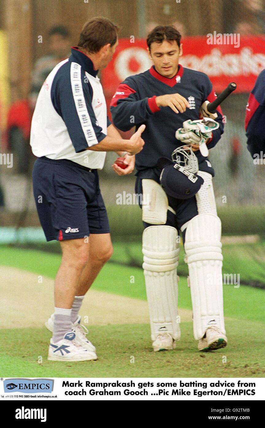 England's Mark Ramprakash gets some batting advice from coach Graham ...