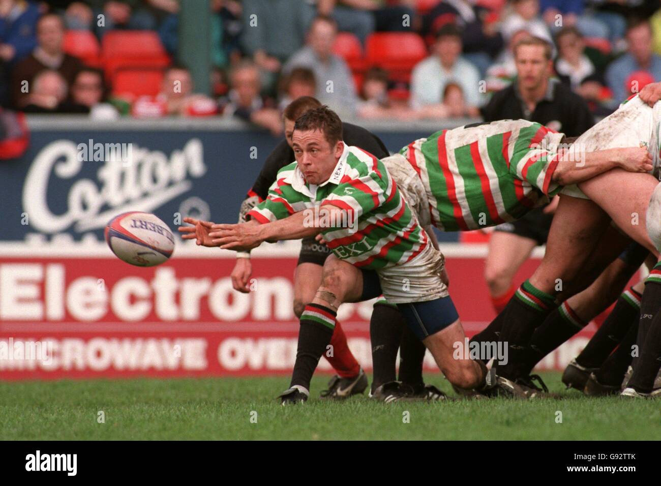Leicester's Jamie Hamilton releases the ball from the scrum Stock Photo ...