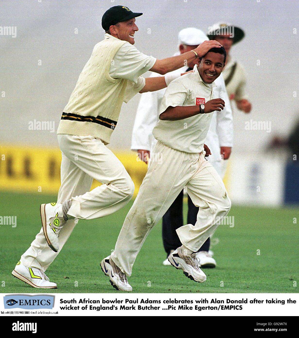South Africa bowler Paul Adams (right) celebrates with teammate Alan ...