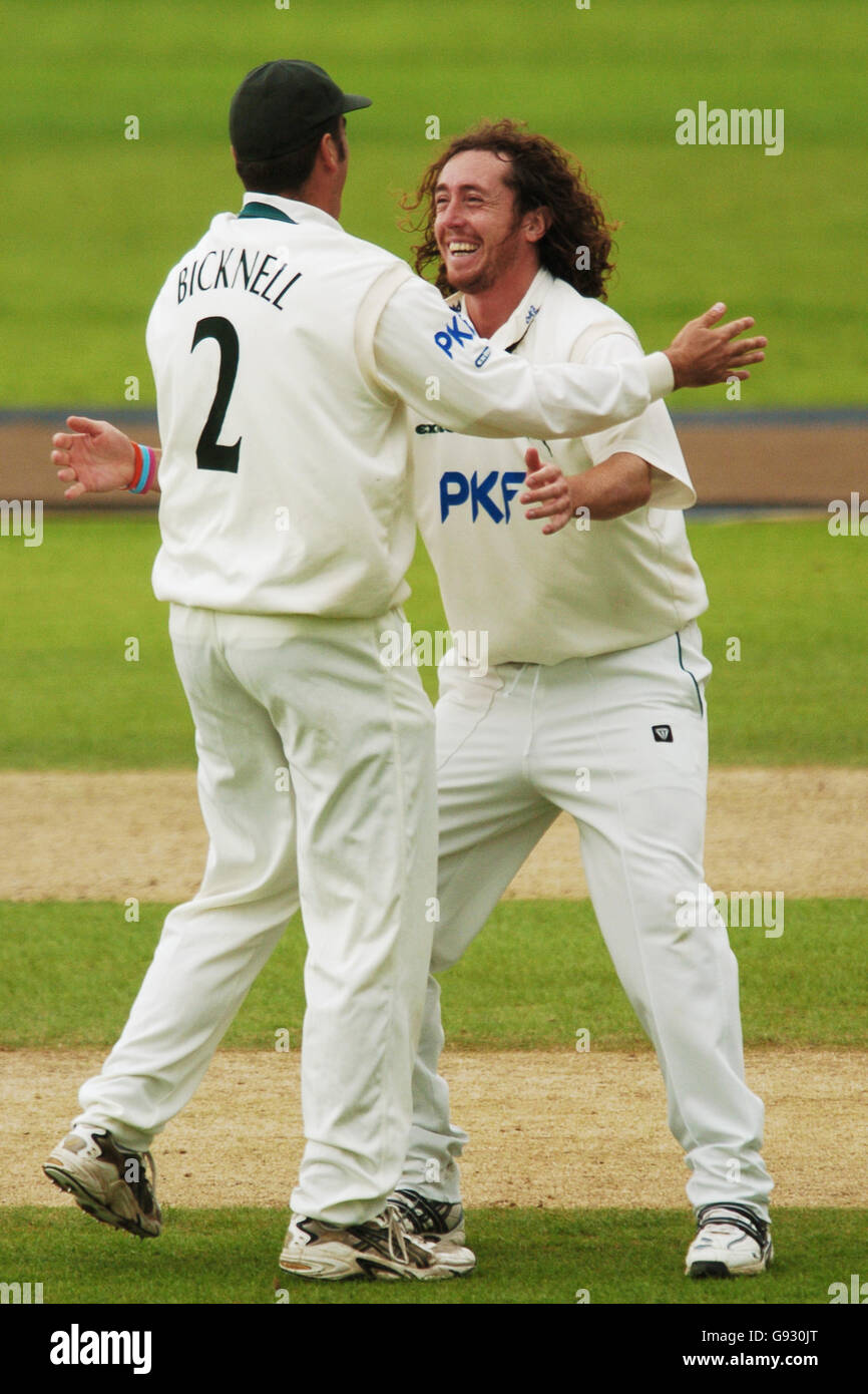 Nottinghamshires ryan sidebottom celebrates taking a wicket with darren ...