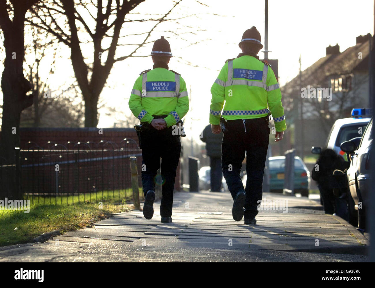 South Wales Police officers patrol the streets of Rumney, Cardiff ...