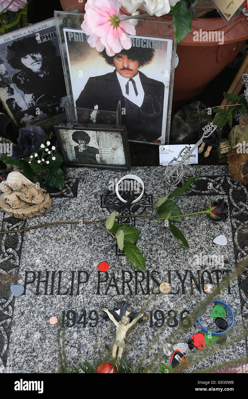 A rose lays on top of Phil Lynott's grave in St Fintan's cemetery in ...